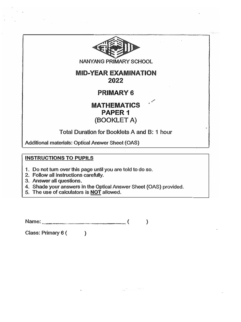 Primary 6 Math Exam Paper 1 2022 | PDF