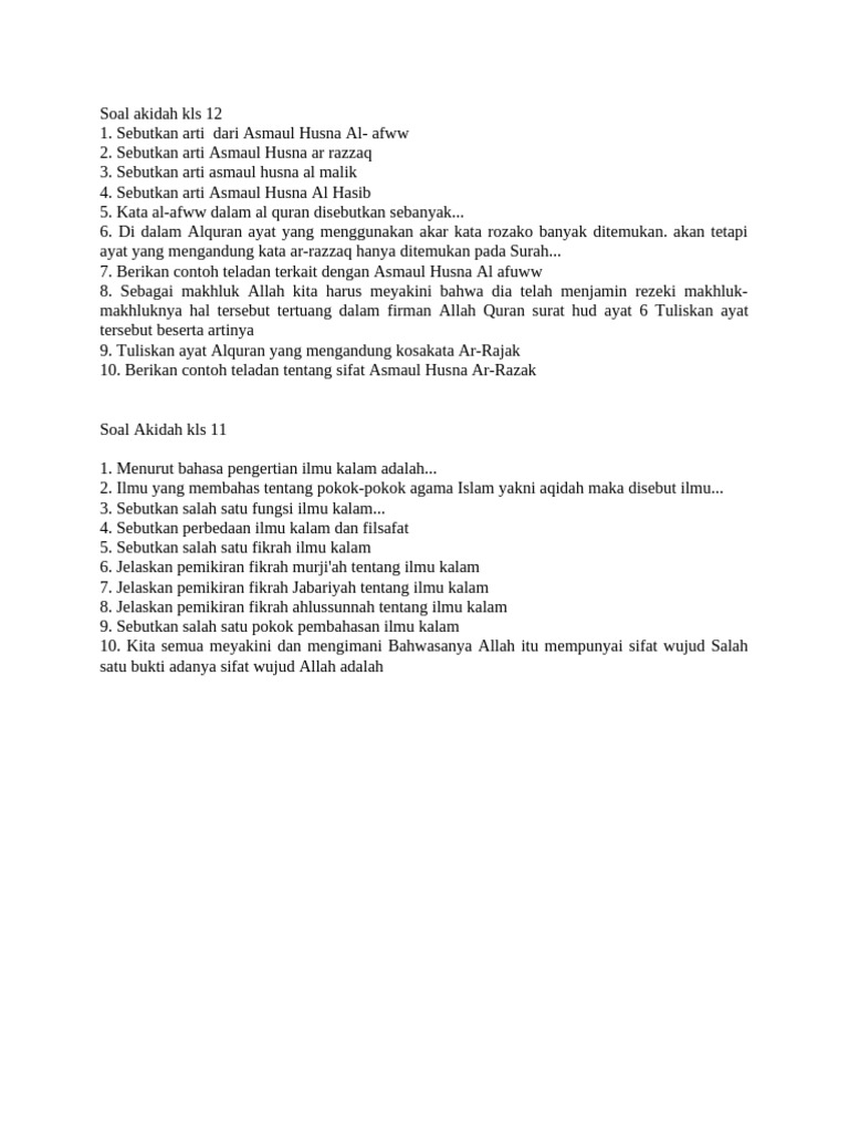 Soal Uts Aqidah Dan Fiqih | PDF