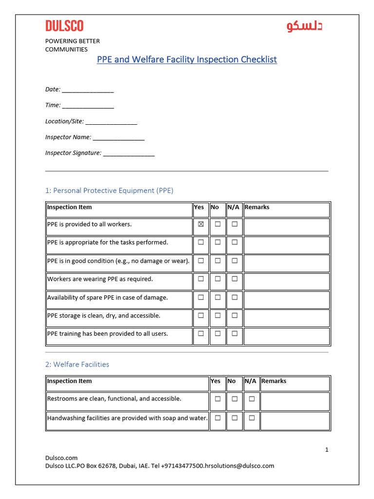 PPE and Welfare Facility Inspection Checklist | PDF