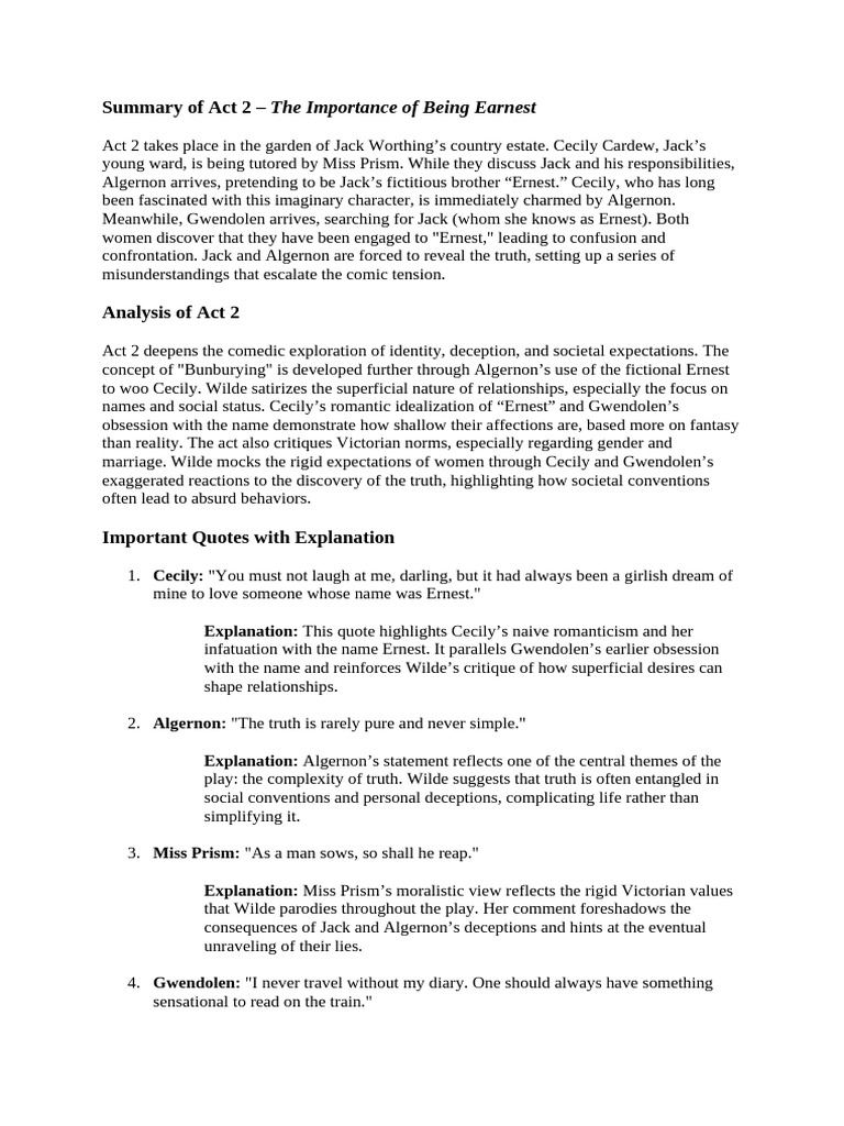Act 2 Summary: The Importance of Being Earnest | PDF | The Importance ...
