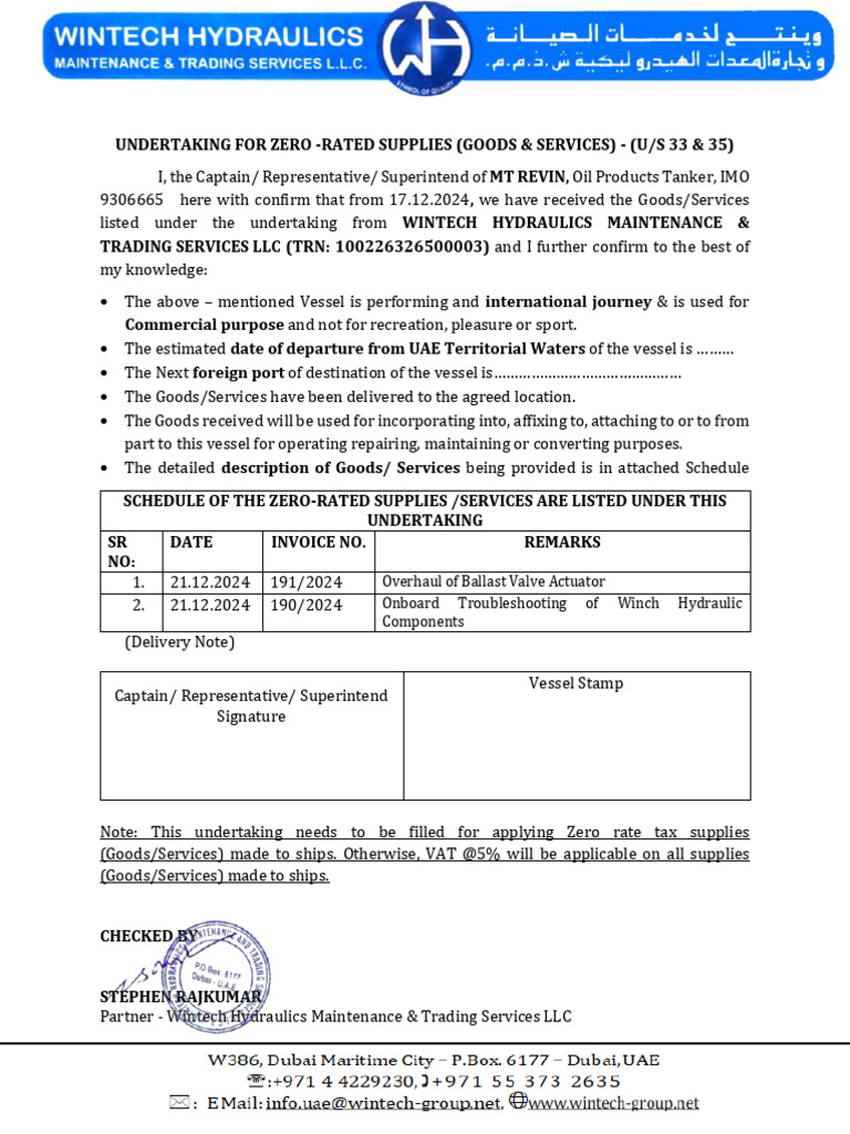 Zero Rated - MT Revin - Etihad Engineering & Marine Services FZC | PDF