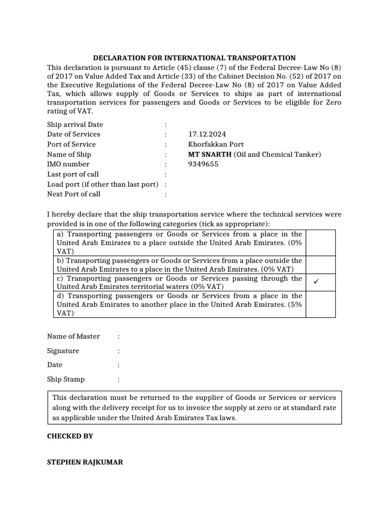 Declaration For International Transportation Zero Rated - MT Snarth ...