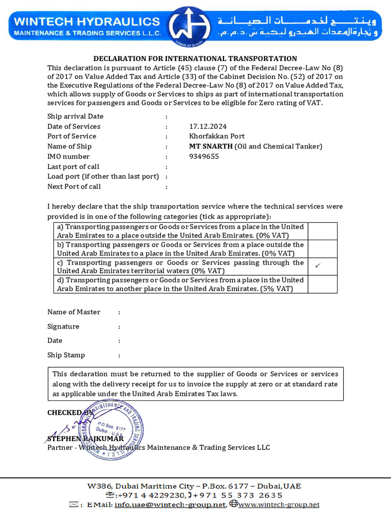 VAT Declaration for MT Snarth Services | PDF