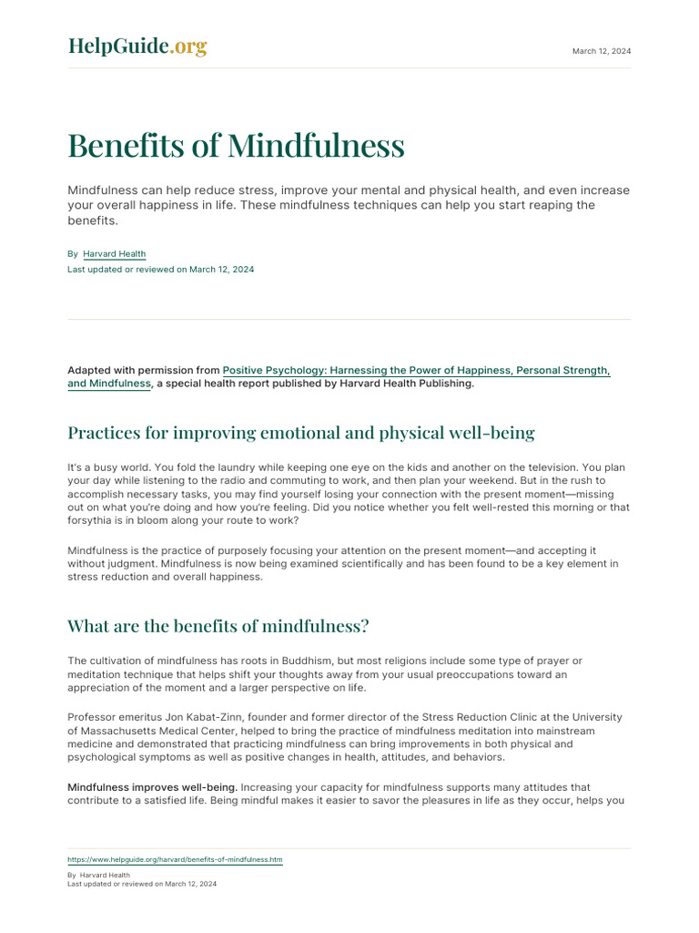Benefits of Mindfulness | PDF | Mindfulness | Meditation