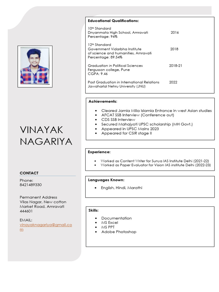 Vinayak Nagariya's UPSC Profile | PDF