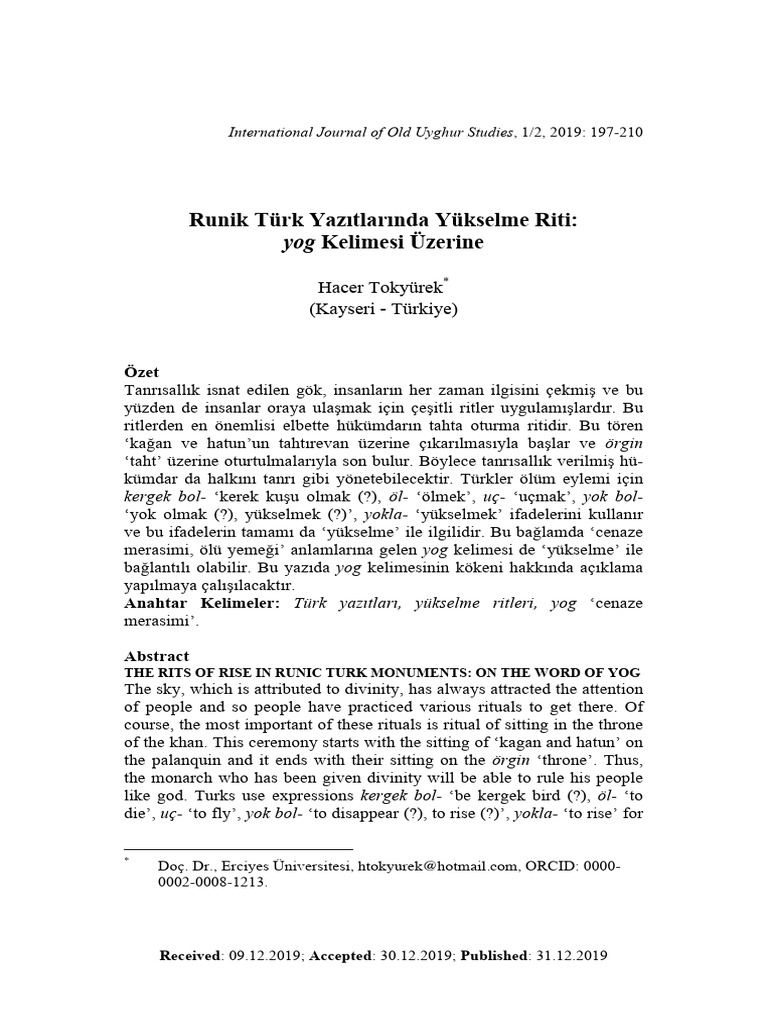 Runik T Rk Yaz Tlar Nda Y Kselme Riti Yog Kelimesi Zerine[#656978]-913835 | PDF