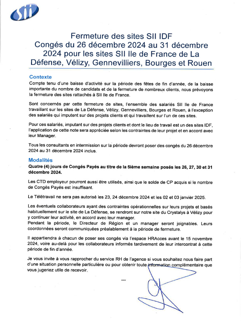 Note Congés Fin D'année 2024 | PDF