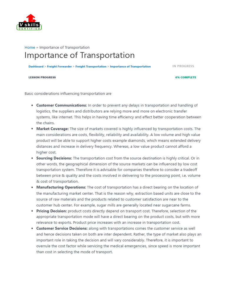 Importance of Transportation - Vskills LMS | PDF | Transport | Market ...