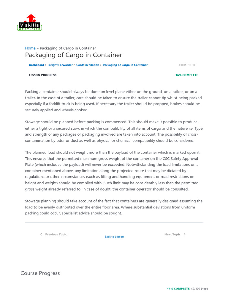 Packaging of Cargo in Container - Vskills LMS | PDF