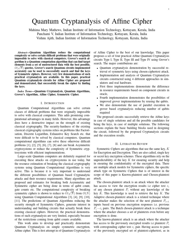 Quantum Cryptanalysis of Affine Cipher | PDF | Cryptography | Quantum Computing