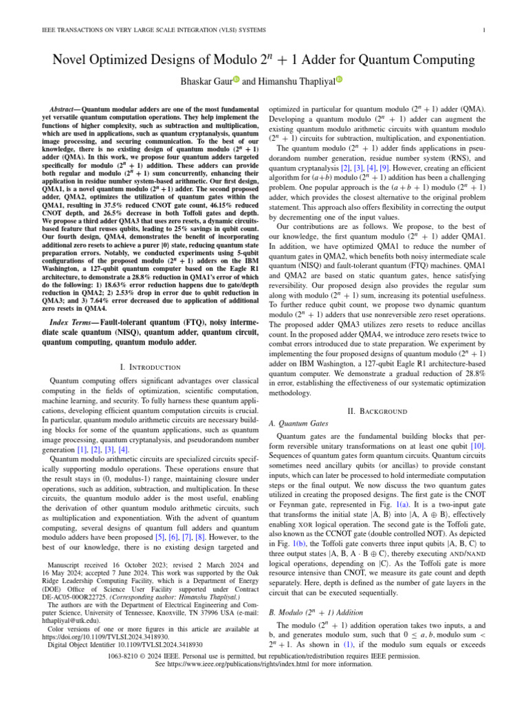 Novel Optimized Designs of Modulo 2 N 1 Adder For Quantum Computing | PDF | Quantum Computing ...