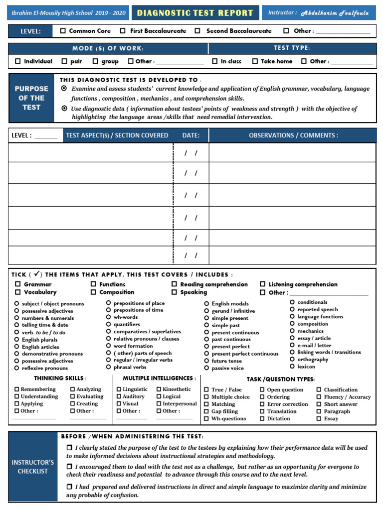 Diagnostic Test Report Form - 2020 | PDF | English Language | Word