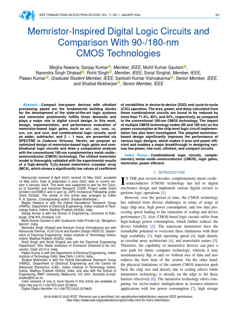 Memristor-Inspired Digital Logic Circuits and Comparison With 90 - 180-nm CMOS Technologies ...