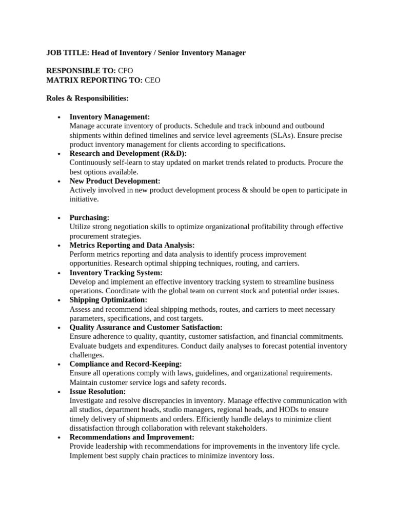 JD - Inventory Head (HO)-1 | PDF | Inventory | Performance Indicator