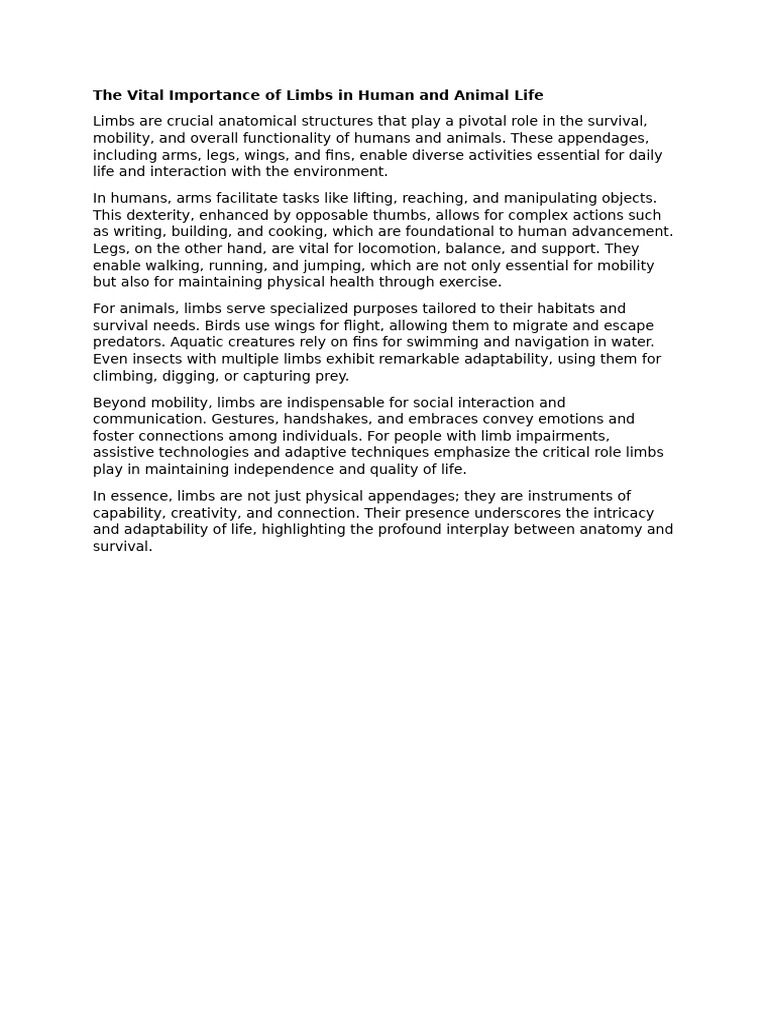 The Vital Importance of Limbs in Human and Animal Life | PDF The Vital Importance of Limbs in Human and Animal Life | PDF