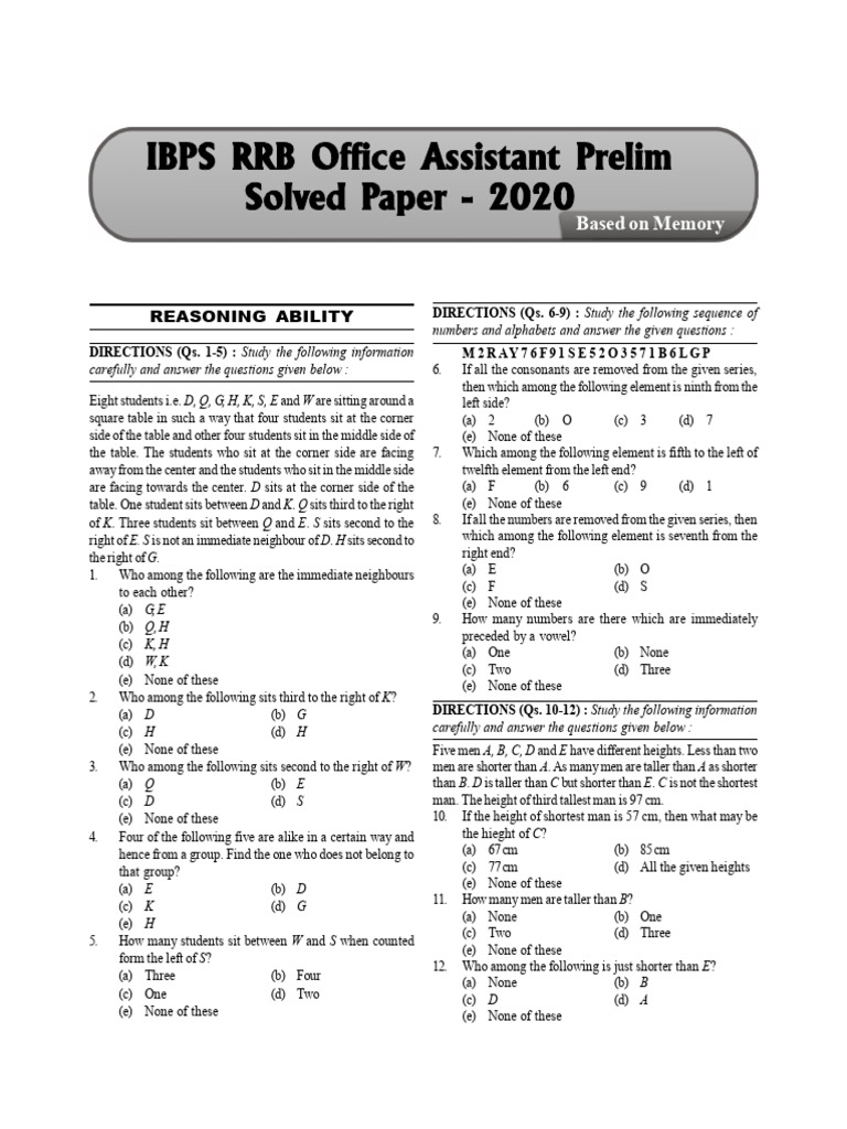 IBPS RRB Assistant 2020 Solved Paper | PDF | Speed | Area