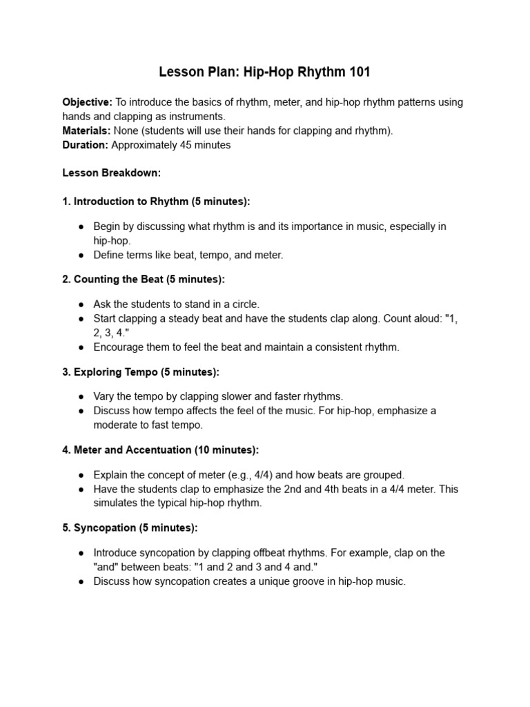 Lesson Plan_ Hip-Hop Rhythm 101 | PDF | Rhythm | Tempo
