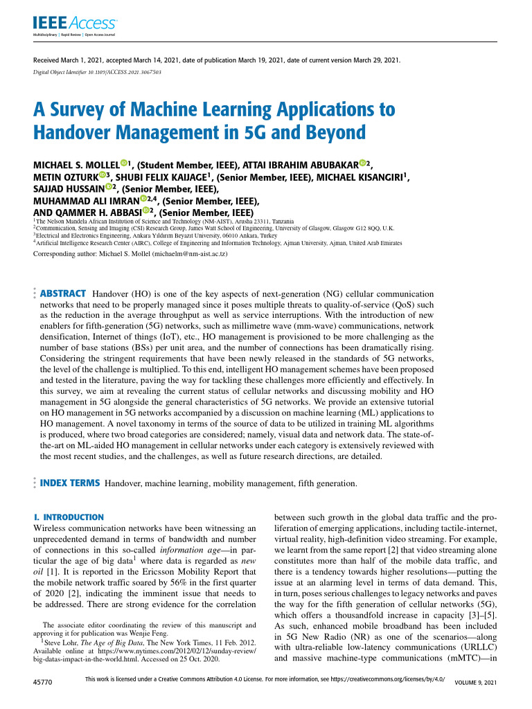A Survey of Machine Learning Applications to Handover Management in 5G and Beyond | PDF ...