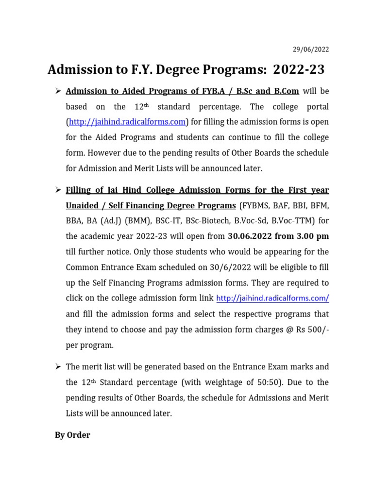 Admission To FY Degree Programs 2022 23 (Outsider) | PDF