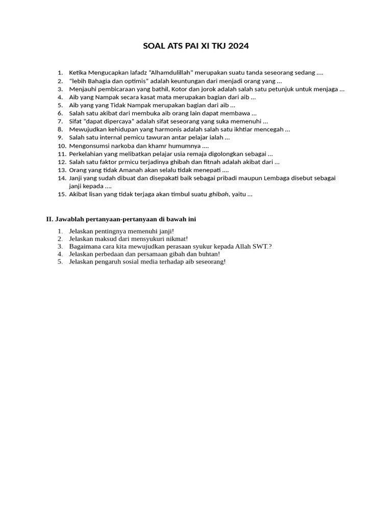 SOAL ATS PAI XI TKJ 2024 .. | PDF