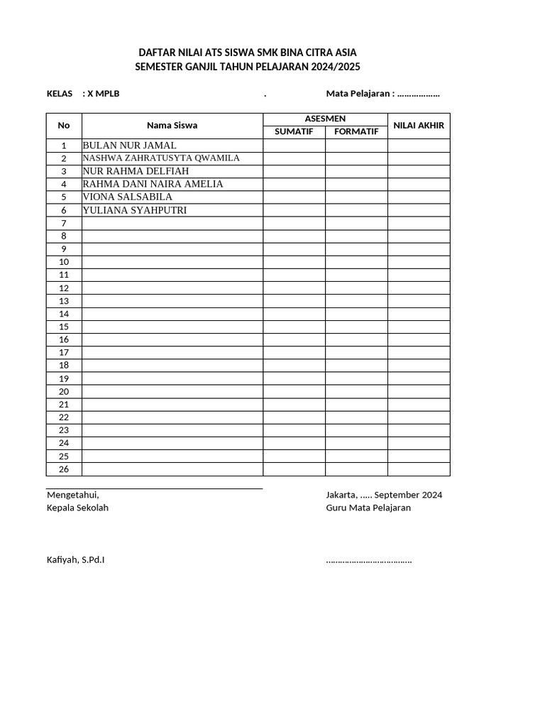 FORM NILAI PAI ATS GANJIL 2024 | PDF