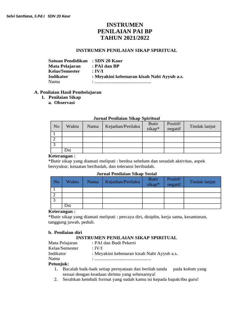 Instrumen Penilaian Pai BP Tahun 2021-2022 | PDF