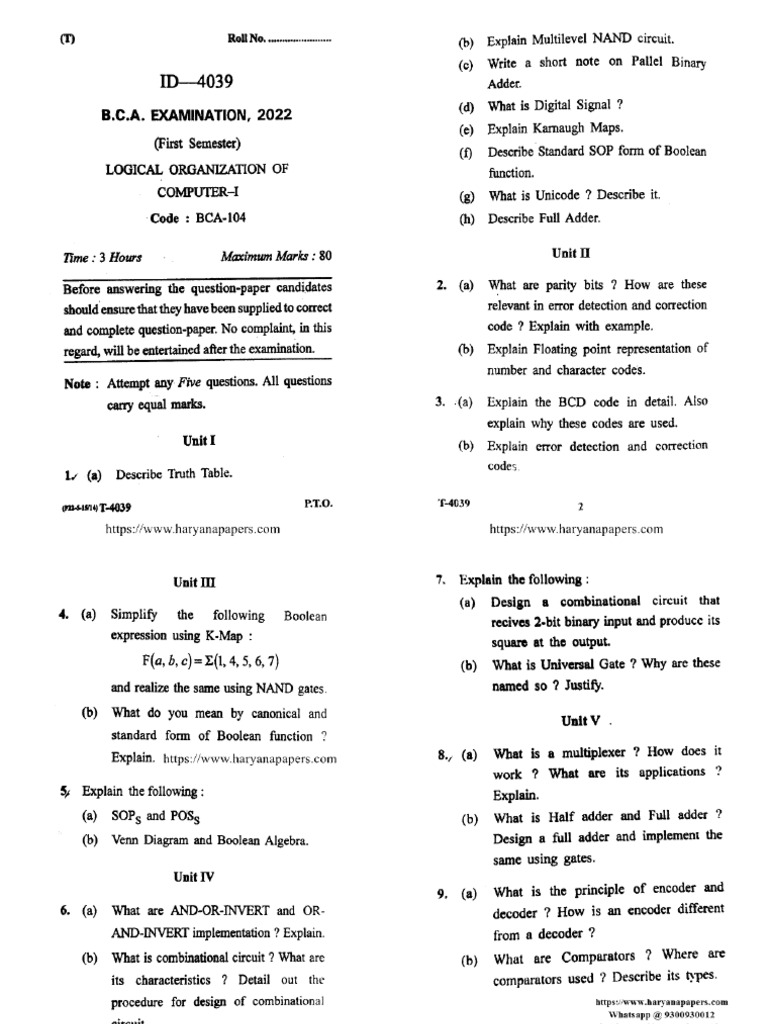 Bca 1 Sem Logical Organization of Computer 1 Id 4039 2022 (1) | PDF