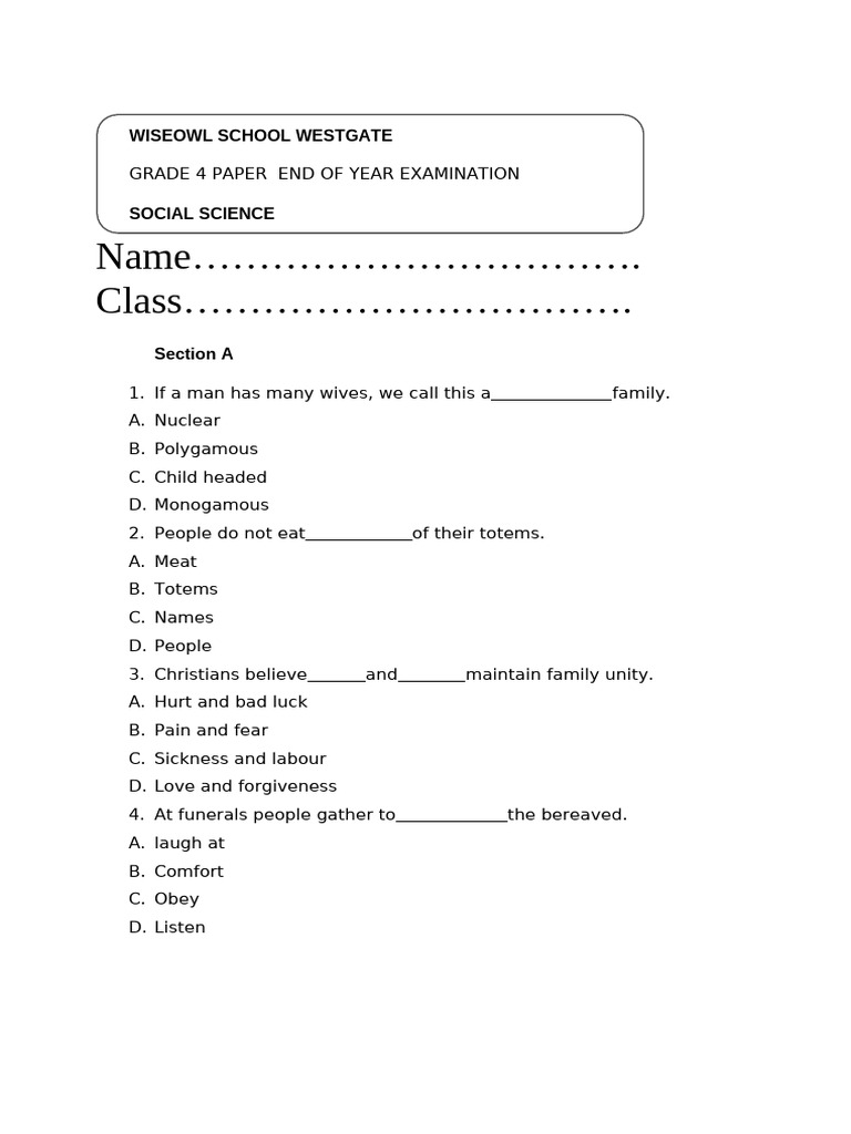 Grade 4 Paper 1 Social Science | PDF