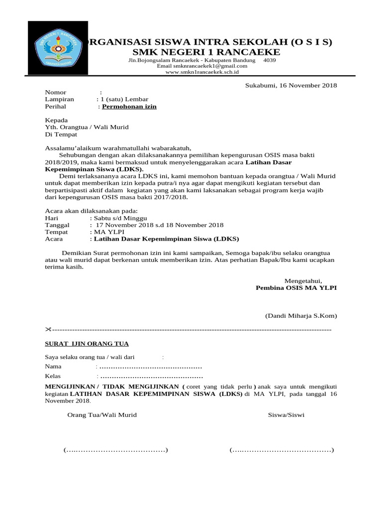 Surat Izin Orangtua Untuk Acara LDKS | PDF