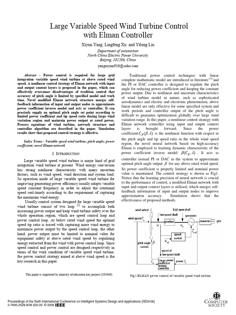 Large Variable Speed Wind Turbine Control With Elman Controller Pdf Control Theory Wind