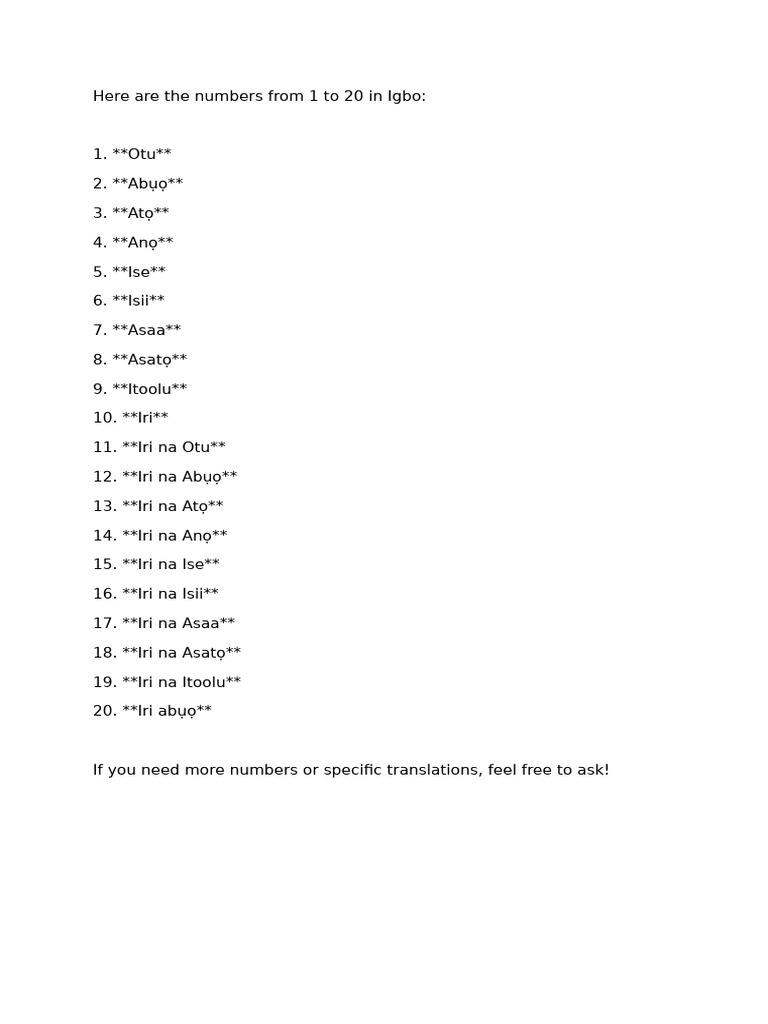 Igbo Numbers 1 to 20 Guide | PDF