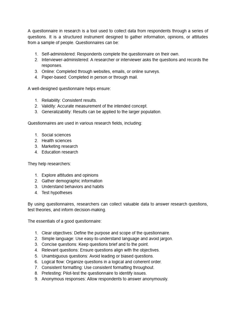 Questionnaire and Essentials of It | PDF | Questionnaire | Scientific ...