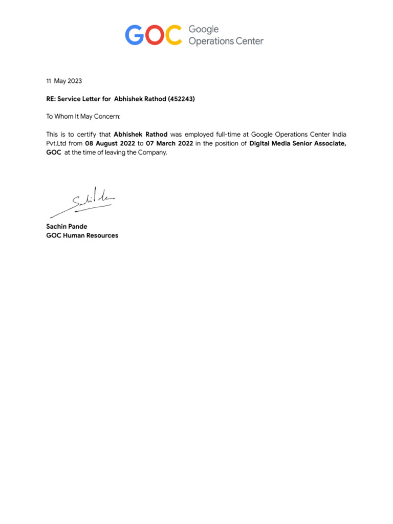 GOC - Service Letter - AbhiShek Rathod (452243) (1) (2) | PDF
