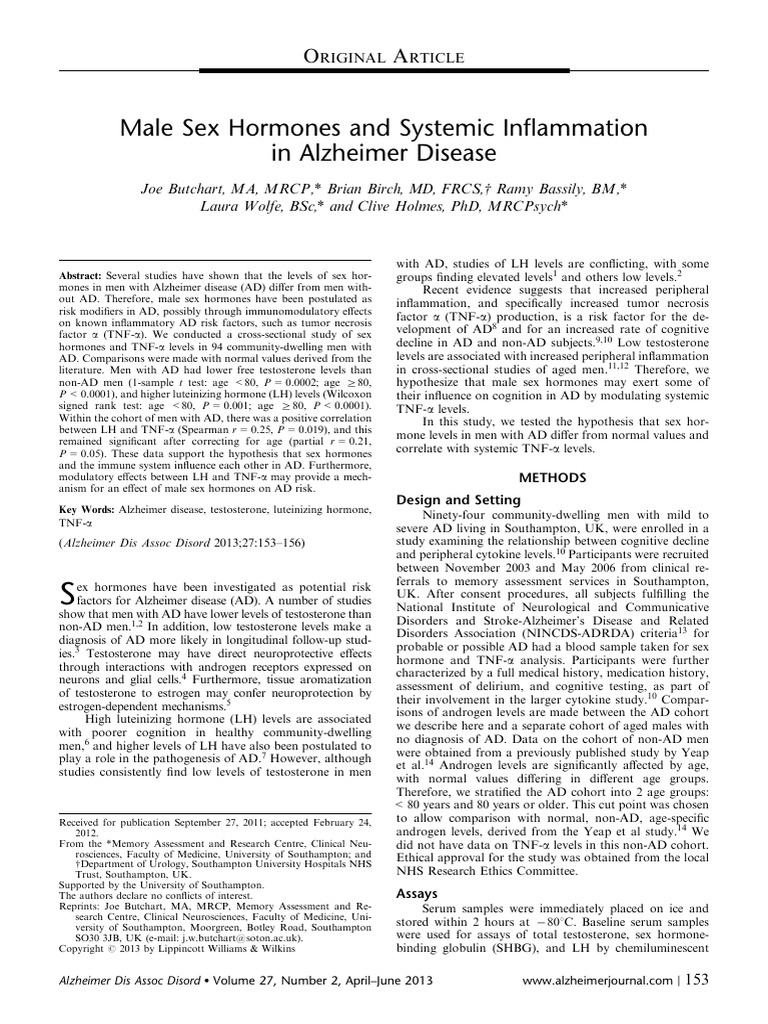 Male Sex Hormones And Systemic Inflammation In Alzheimer Disease Pdf Alzheimers Disease