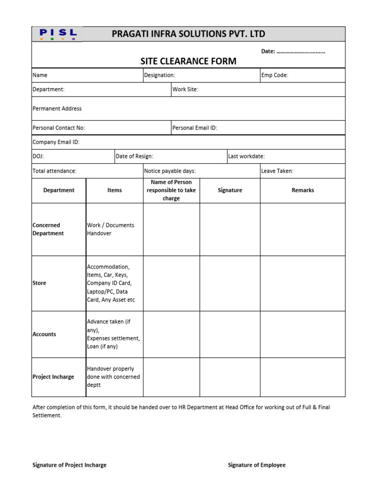 No Dues - Site Clearance Form | PDF