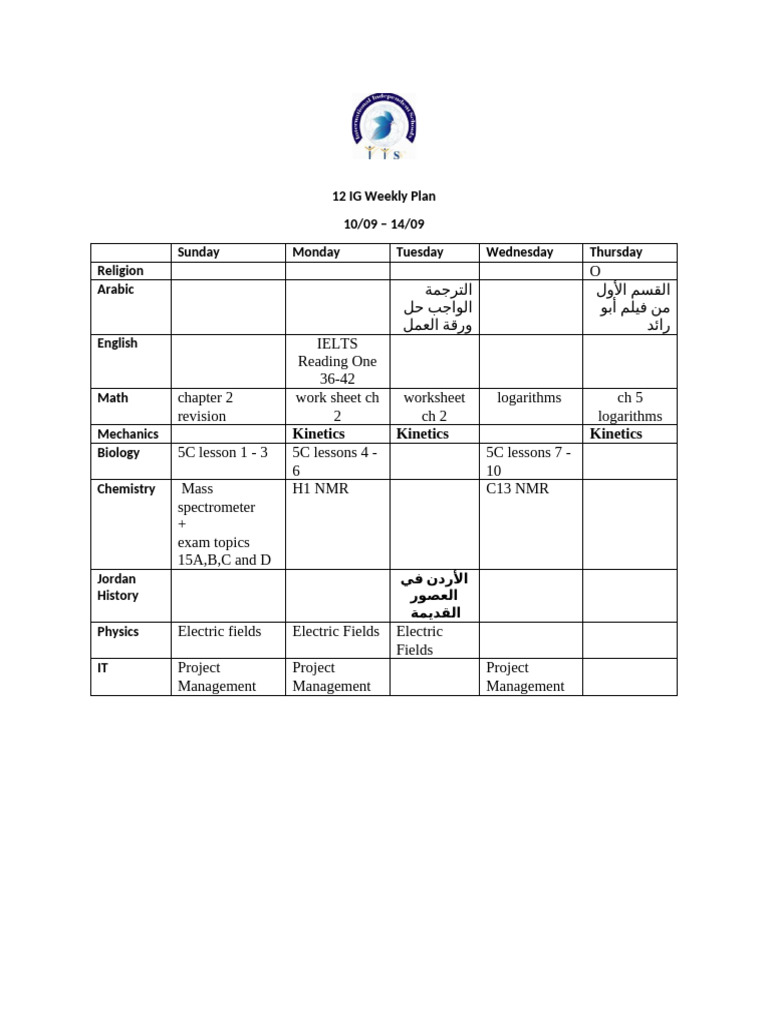 Weekly Study Plan for IG Subjects | PDF