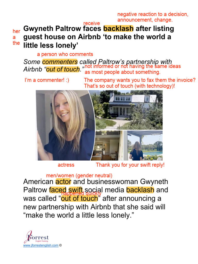 Gwyneth Paltrow Faces Backlash For Airbnb JForrest English | PDF | English Language | Human ...