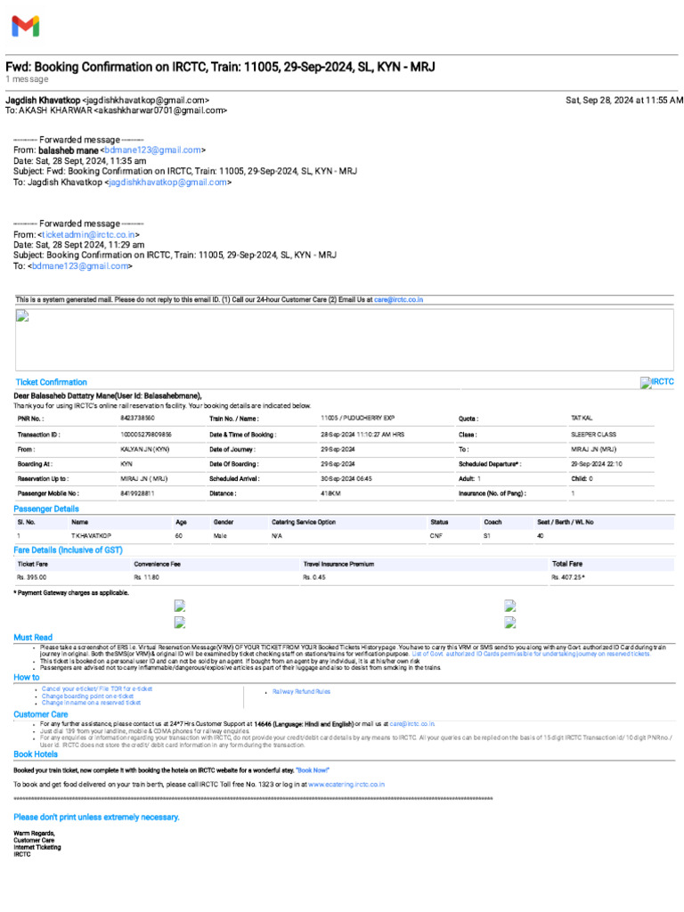 Gmail - FWD - Booking Confirmation On IRCTC, Train - 11005, 29-Sep-2024, SL, KYN - MRJ | PDF ...