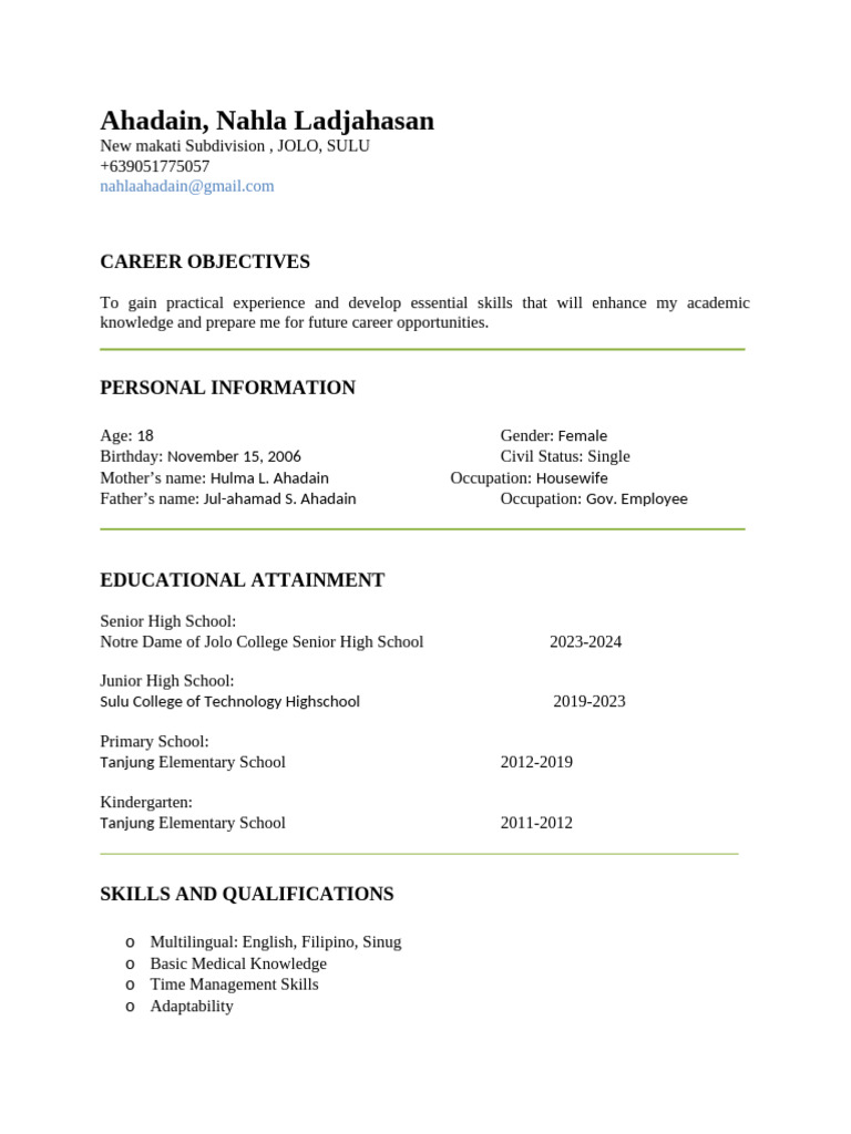 Ahadain, Nahla Ladjahasan: Career Objectives | PDF