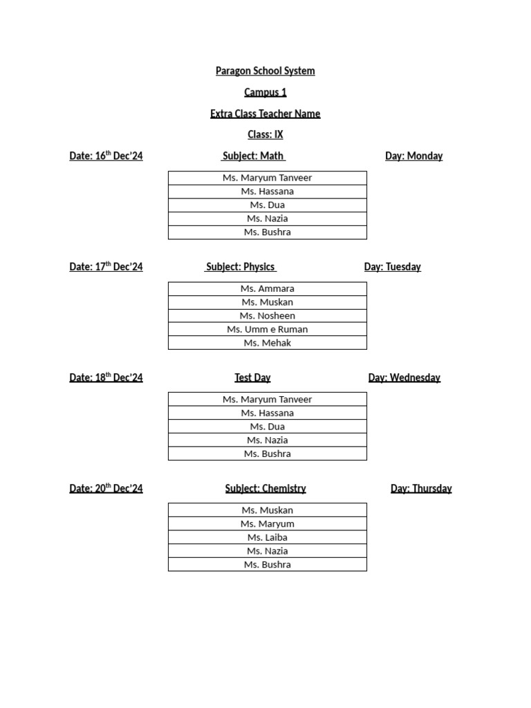 Class IX & X Extra Class Schedule C.1 | PDF