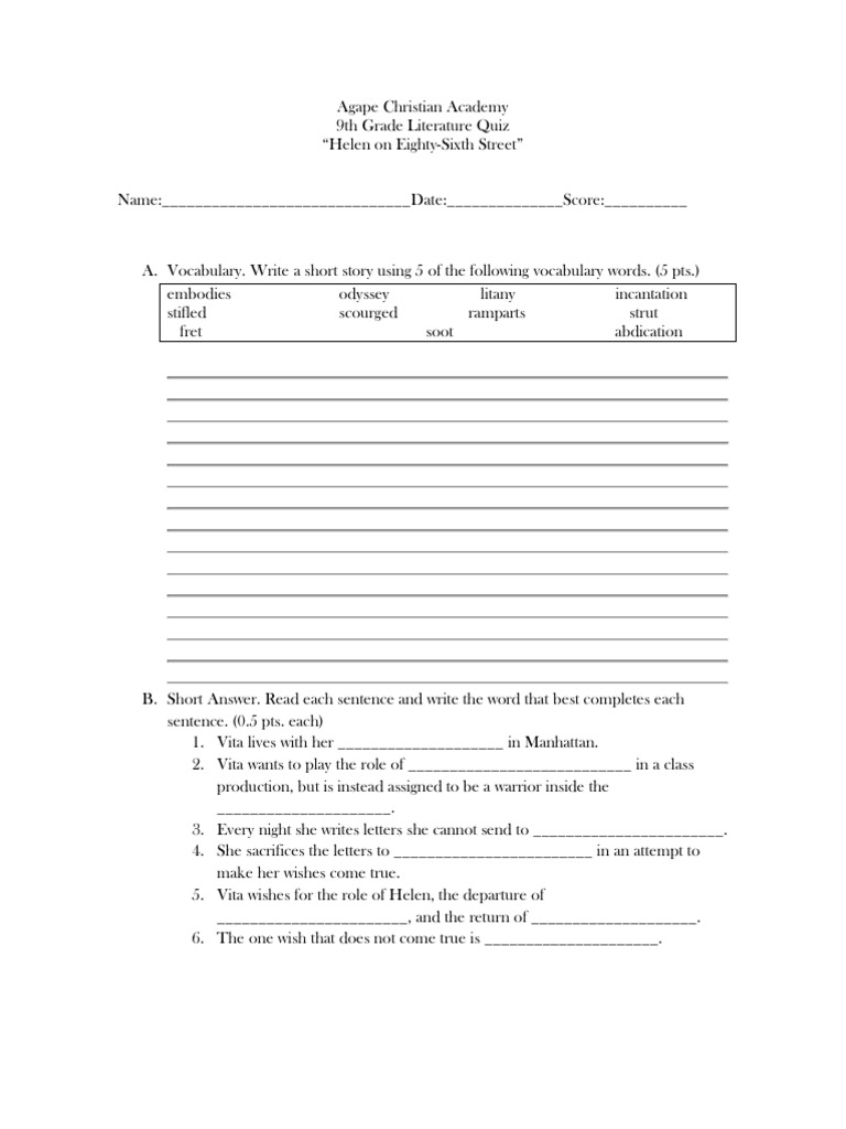 Helen On 86th Street Quiz | PDF | Semiotics | Unrest