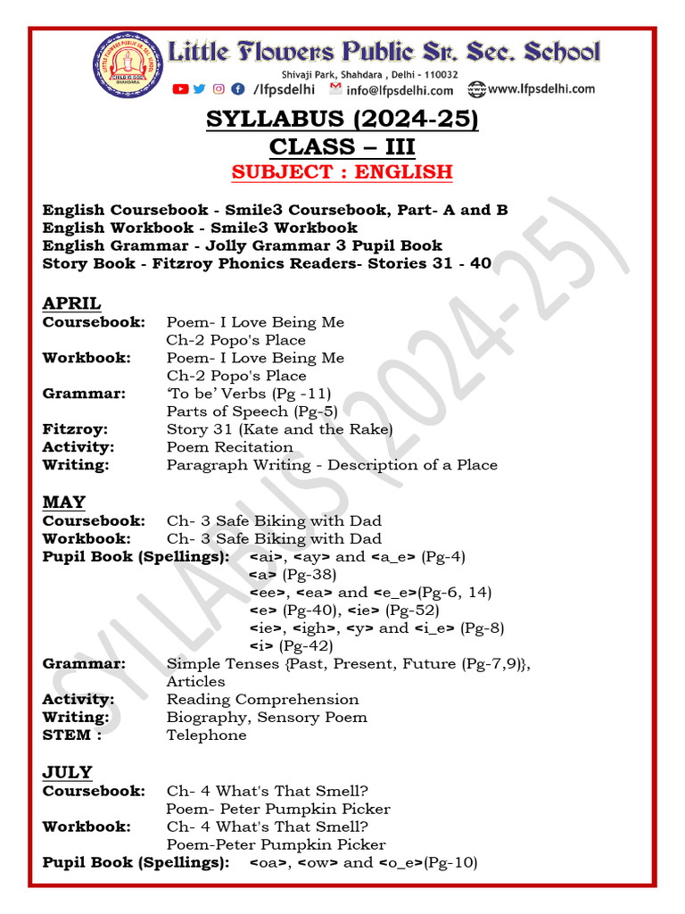 Class 3 English Syllabus 2024-25 | PDF | Subject (Grammar) | Division ...