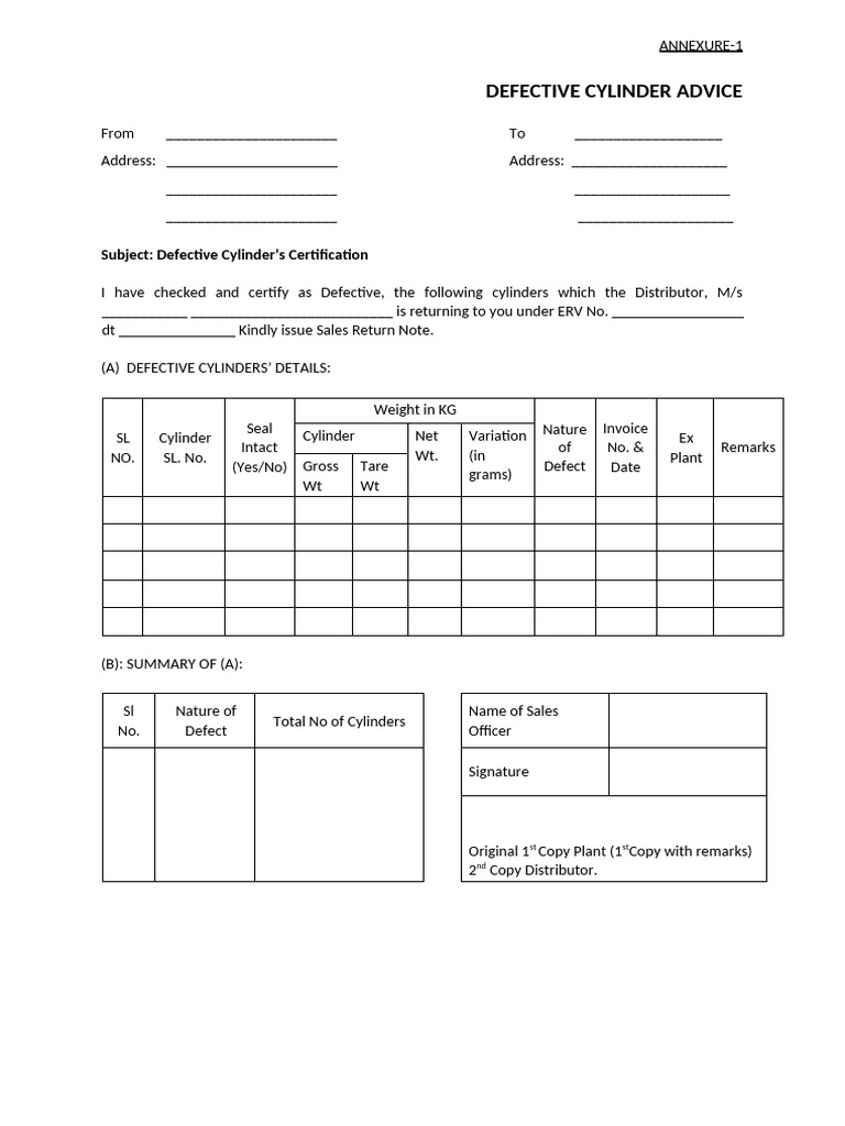 Defective Cylinder Return To Plant Format | PDF