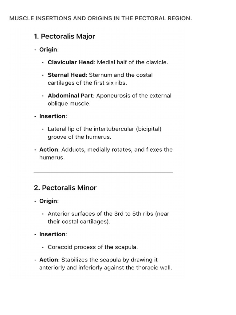 Muscle Insertions and Origins in The Pectoral Region Jt's Mind | PDF