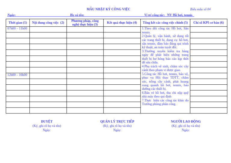 Mau 04 - Mau Nhat Ky Cong Viec-Ho Boi | PDF