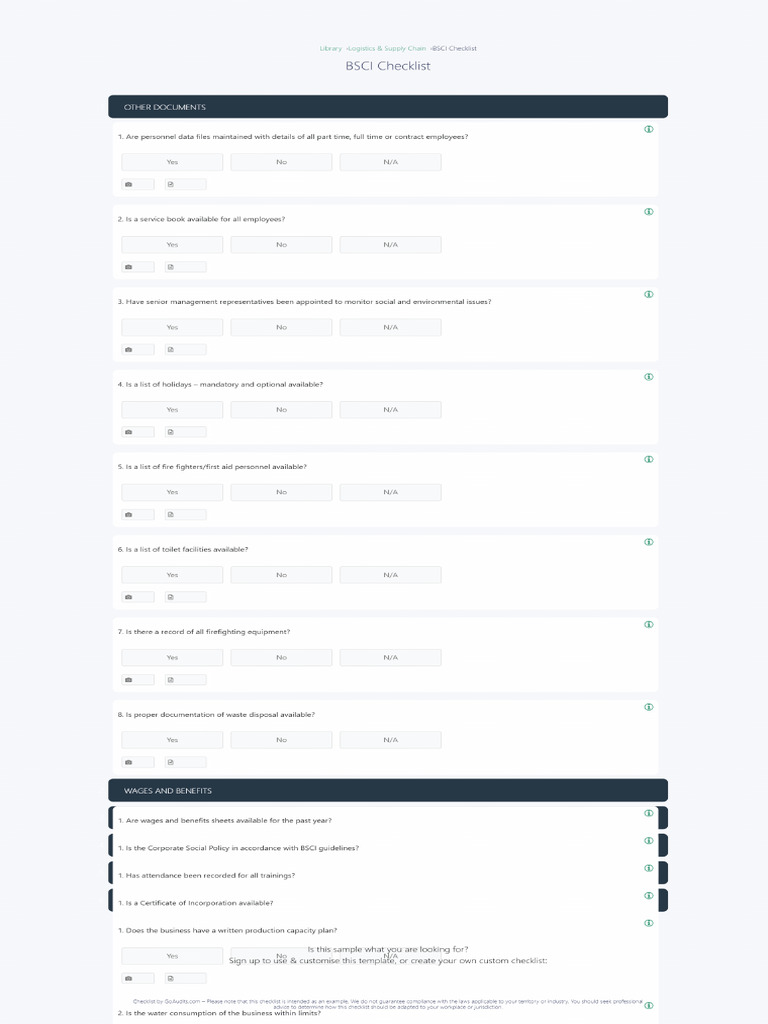 GoAudits - BSCI Checklist (Sample) | PDF
