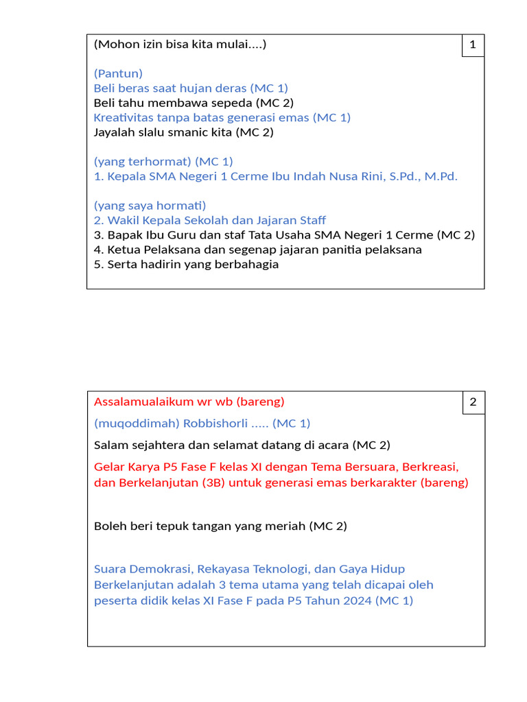 Teks MC Gelar Karya P5 2024 | PDF