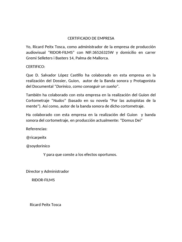 Certificado de Empresa. | PDF