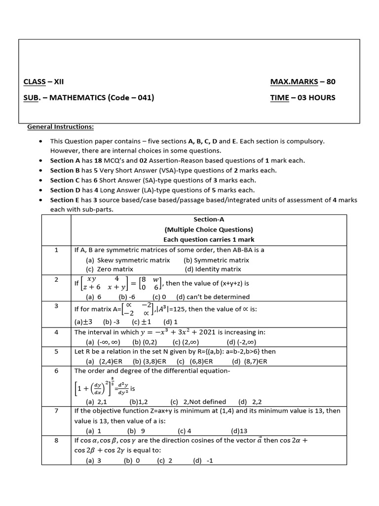 CLASS XII MATH Pre Board Dec 2024 | PDF | Area | Matrix (Mathematics)