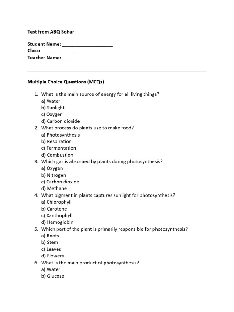 ABQ Sohar Photosynthesis Test | PDF | Plants | Photosynthesis